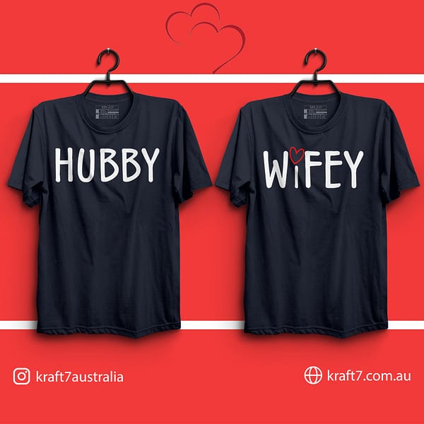 Hubby Wifey Couple T Shirt Navy Kraft7 Australia